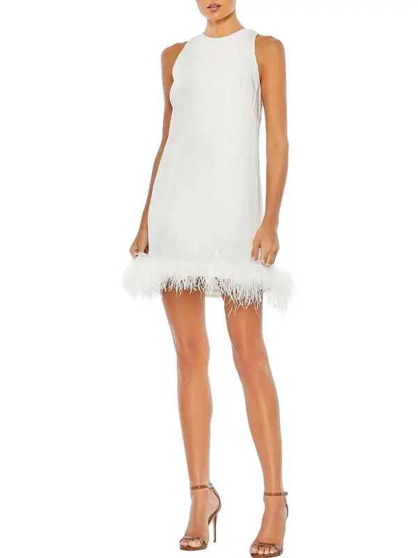 Mac Duggal Feather Hem High Neck A-line Dress - White