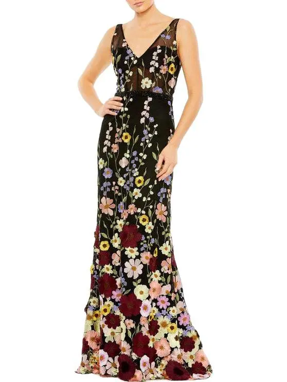 Mac Duggal Floral Applique Tulle Gown - Black Multi