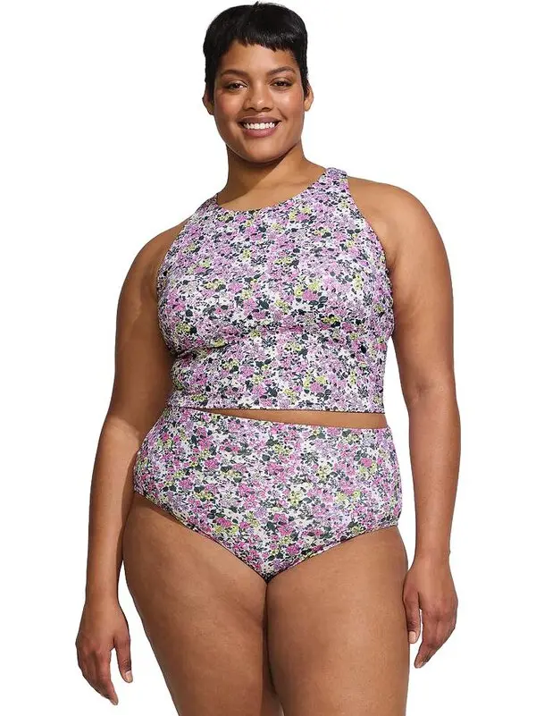 LANDS' END Chlorine Resistant High Neck Racerback Midkini Swimsuit Top - White Multi Ditsy Floral