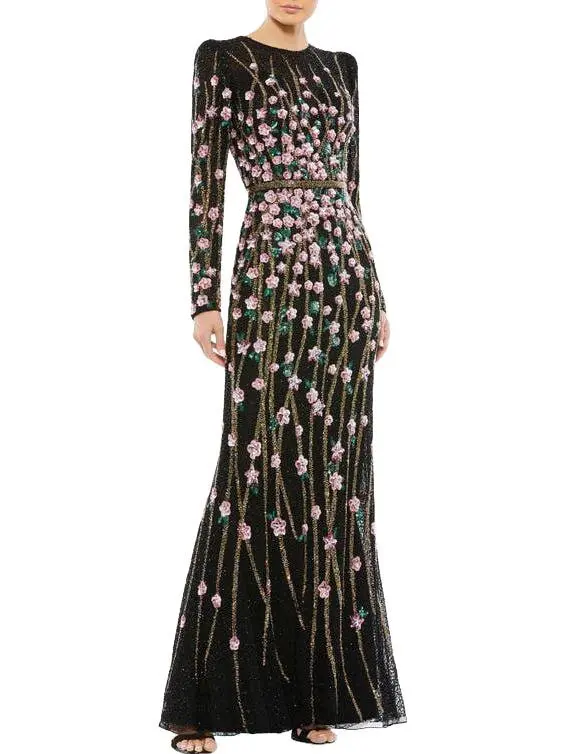 Mac Duggal Floral Embellished Mesh Gown - Black Multi