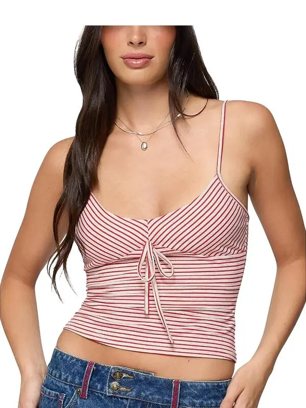 EDIKTED Tova Striped Scoop Tank Top - Red-and-beige
