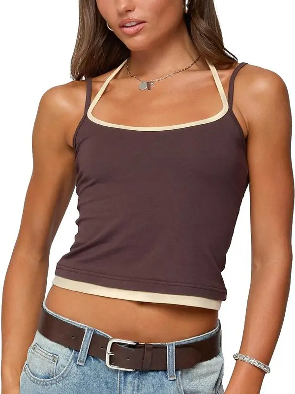 EDIKTED Roya Layered Halter Tank Top - Brown