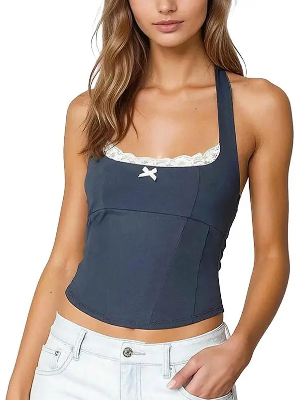 EDIKTED Lace Halter Bustier Top - Navy