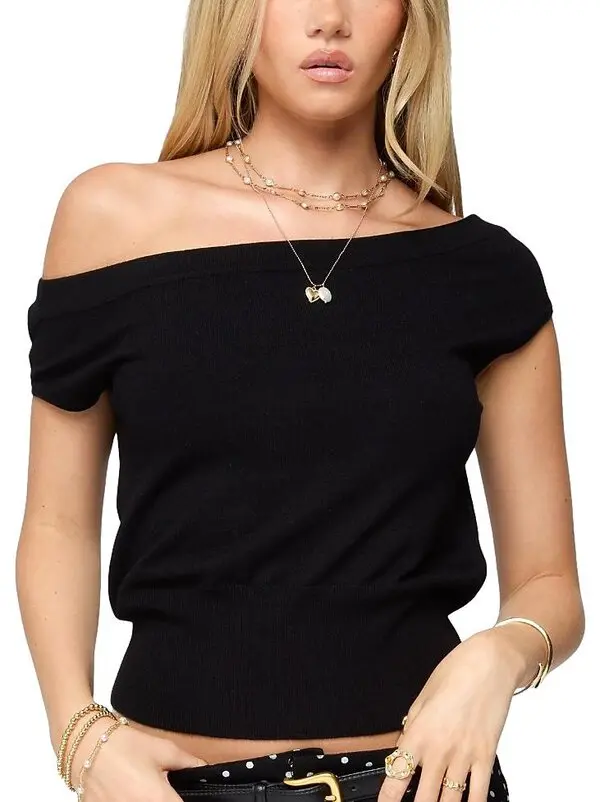 EDIKTED Michaela Off-shoulder Knit Top - Black