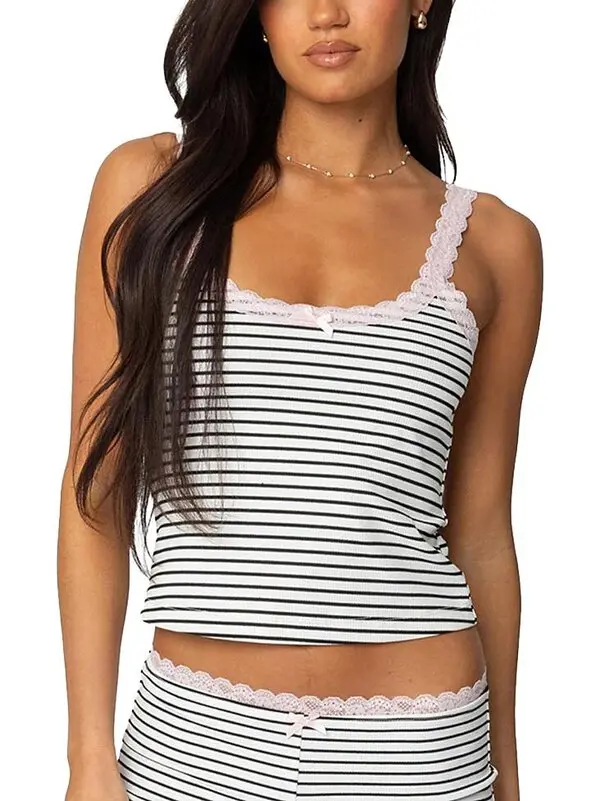 EDIKTED Sofi Striped Ribbed Tank Top - White-and-black