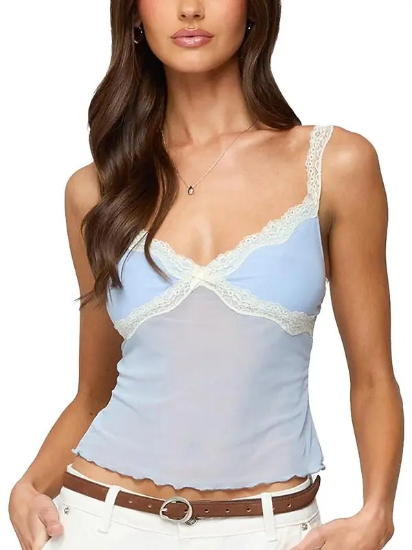 EDIKTED Lacey Mesh Tank Top - Light-blue