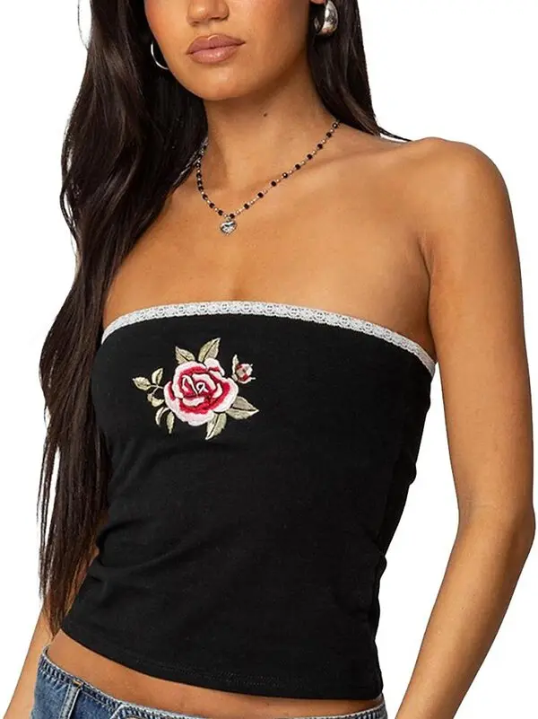 EDIKTED Enora Embroidered Rose Tube Top - Black