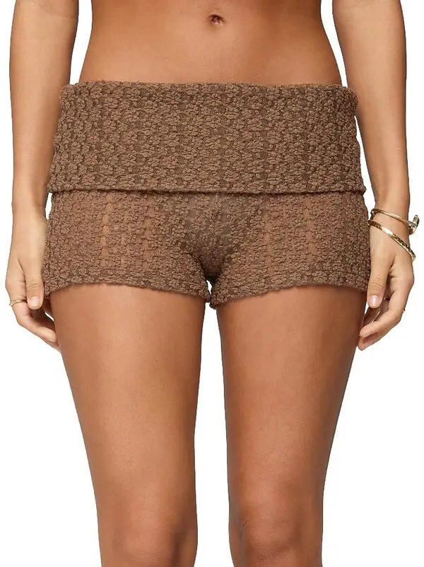 EDIKTED Sheer Textured Fold Over Shorts - Brown