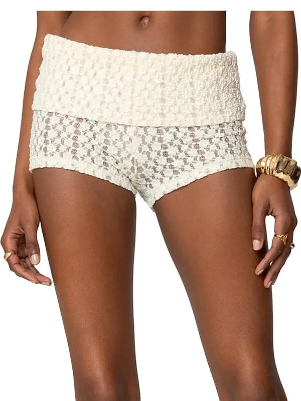 EDIKTED Sheer Textured Fold Over Shorts - Cream