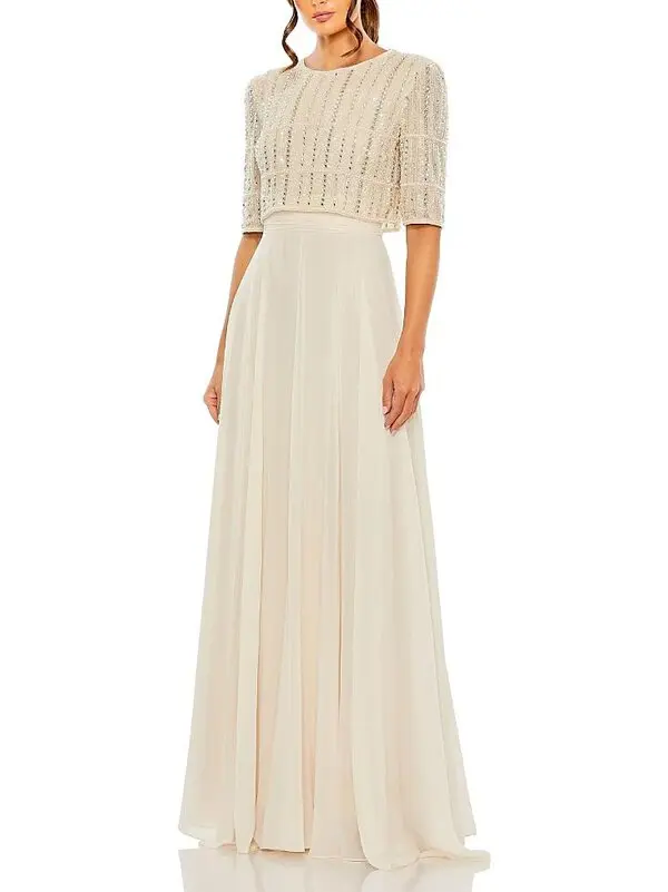 Mac Duggal Beaded 3/4 Sleeve Chiffon Gown - Nude