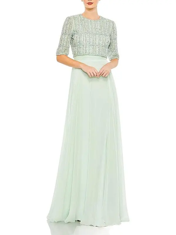 Mac Duggal Beaded 3/4 Sleeve Chiffon Gown - Sage