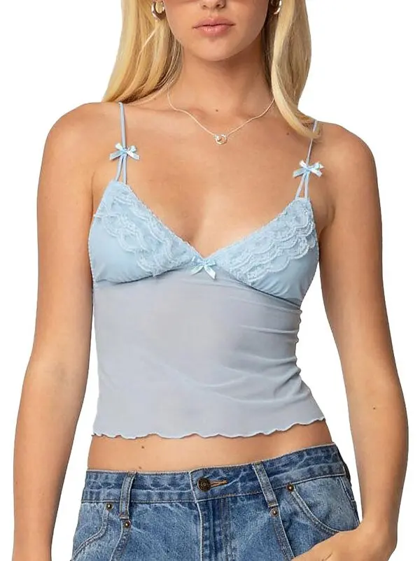 EDIKTED Berkley Sheer Mesh Lacey Top - Light Blue
