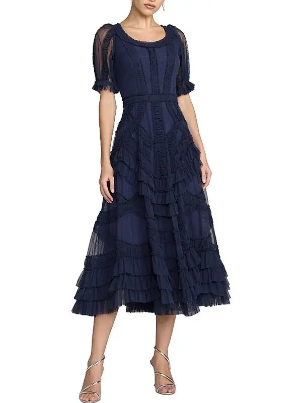 Mac Duggal Short Sleeve Mesh Micro Ruffle Midi Dress - Indigo