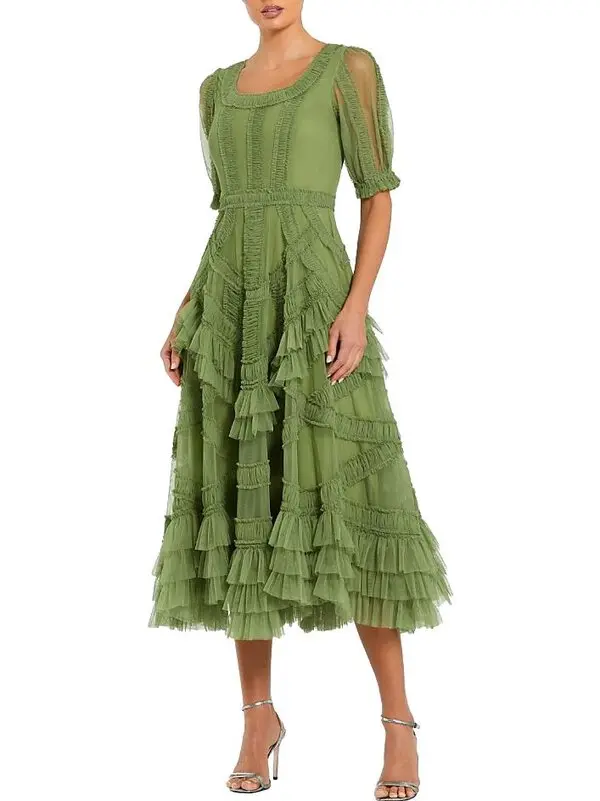 Mac Duggal Short Sleeve Mesh Micro Ruffle Midi Dress - Moss Green