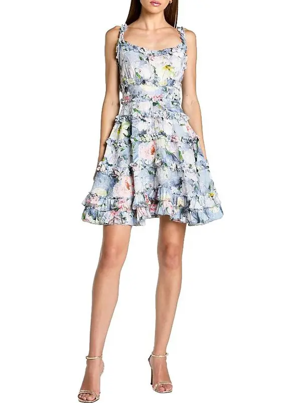 Mac Duggal Floral Mini Dress With Ruffle Detailing - Platinum Multi