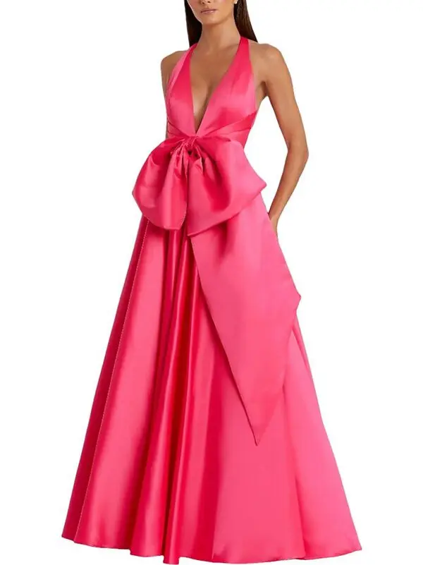 Mac Duggal Sleeveless Satin Gown With Bow - Hot Pink