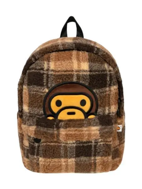 A BATHING APE Baby Milo Check Sherpa Medium Backpack - Beige