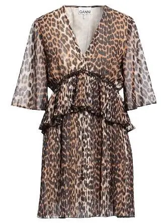 GANNI Mini Leopard-print Pleated Dress - Beige