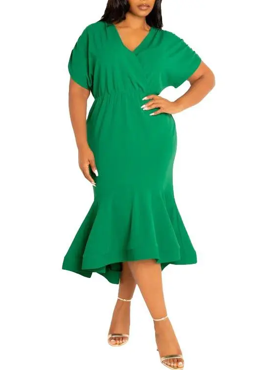 BUXOM COUTURE Wrap Front Flounce Hem Midi Dress - Green