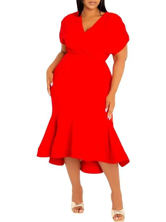 BUXOM COUTURE Wrap Front Flounce Hem Midi Dress - Red