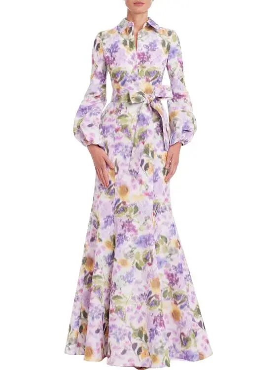 Badgley Mischka Abstract Floral Taffeta Gown - Lilac Multi