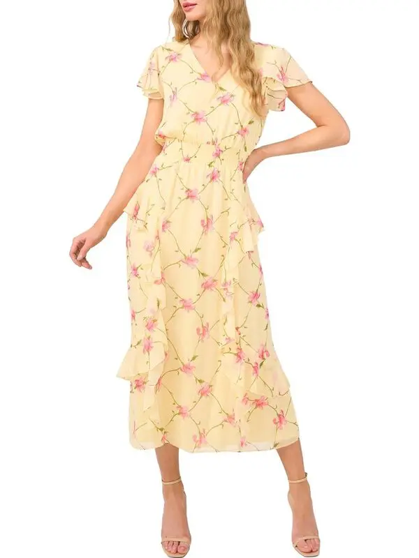 CECE DUPRAZ Floral Flutter Sleeve Midi Dress - Lemon Drop