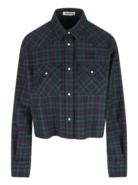 Miu Miu Virgin Wool Plaid Cropped Shirt - Blue+green