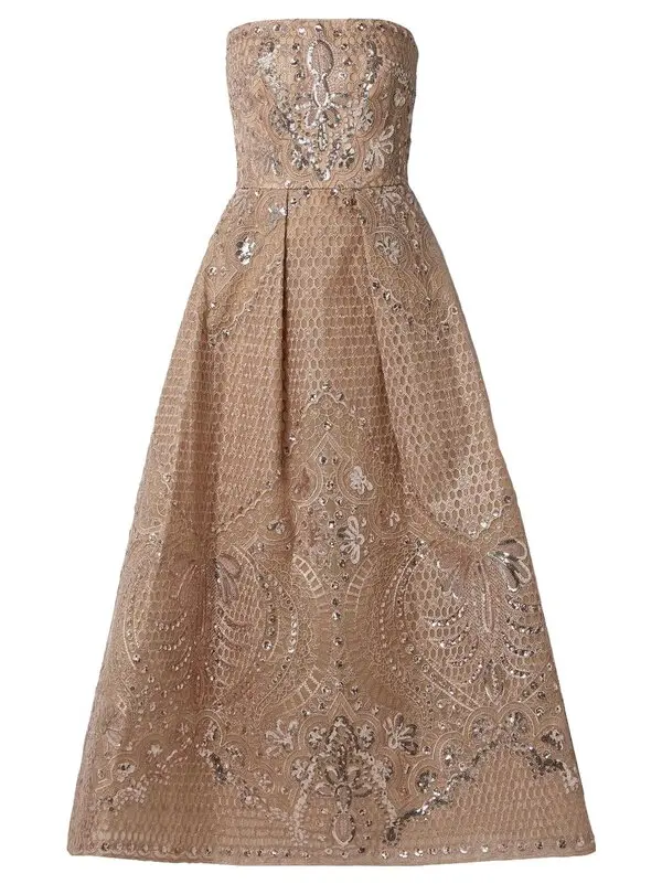 Elie Saab Strapless Sequined Embroidered Tulle Midi Dress - Pink