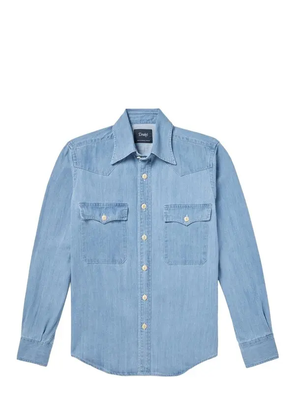 DRAKE'S Denim Western Shirt - Blue