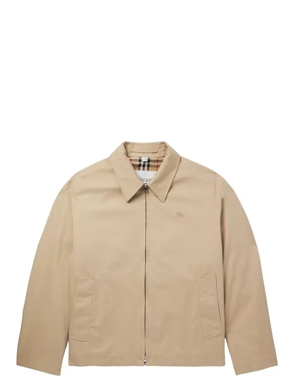 Burberry Logo-embroidered Cotton-gabardine Harrington Jacket - Neutrals