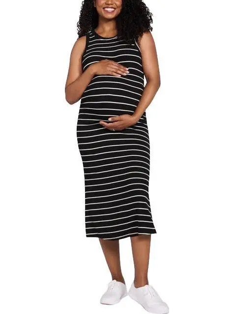 Motherhood Maternity Crew Neck Sleeveless Racerback Maternity Midi Dress - Black & Vanilla Stripe
