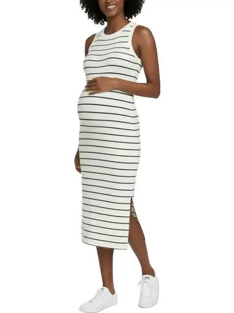 Motherhood Maternity Crew Neck Sleeveless Racerback Maternity Midi Dress - Vanilla & Black Stripe