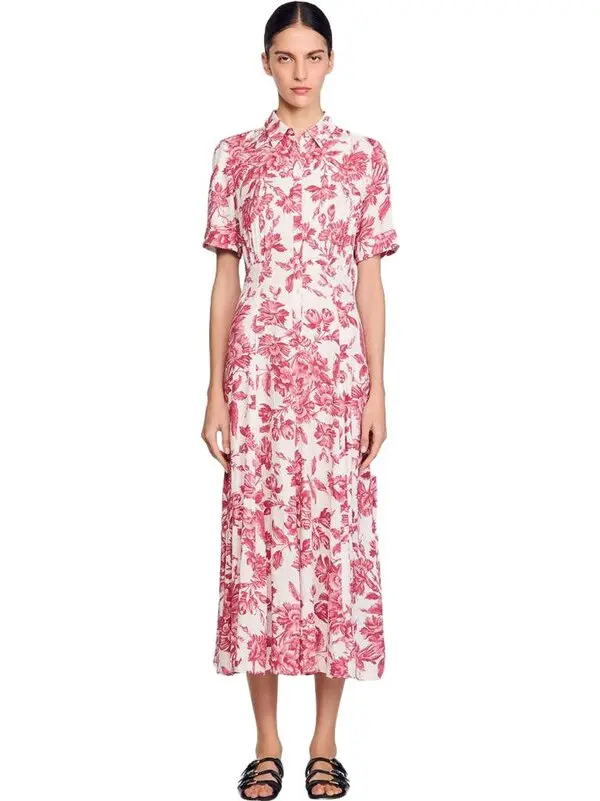 Sandro Floral Maxi Shirt Dress - White / Red