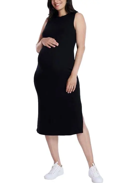 Motherhood Maternity Crew Neck Rib Knit Sleeveless Midi Dress - Black