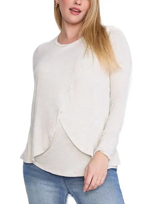 Motherhood Maternity Long Sleeve Draped Nursing Tee - Heather Oatmeal