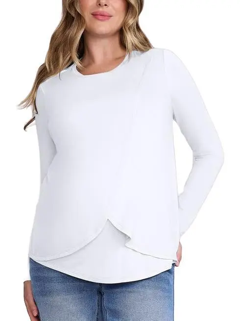 Motherhood Maternity Long Sleeve Draped Nursing Tee - White