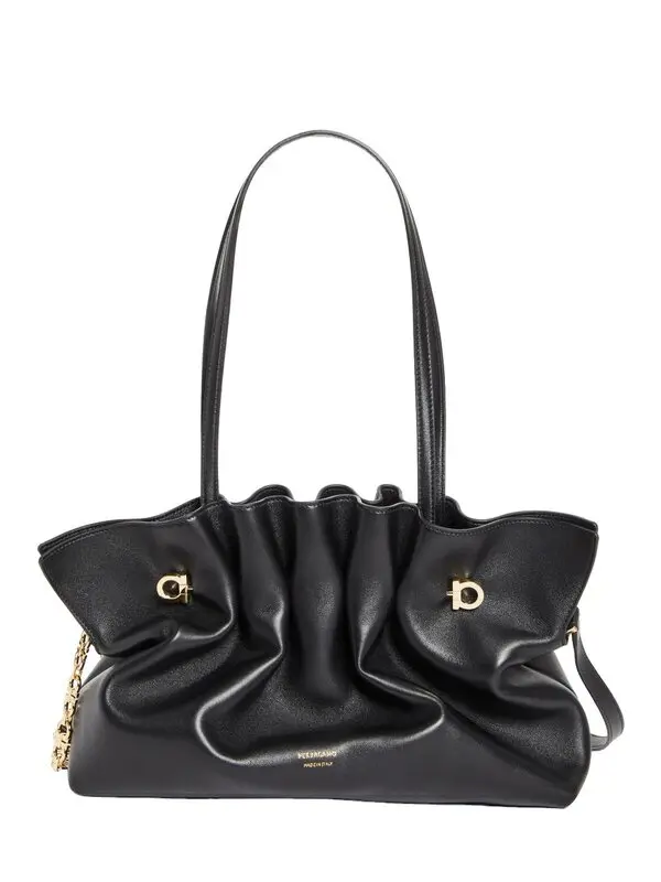 FERRAGAMO Medium Gancio Piercing Soft Leather Shoulder Bag - Nero