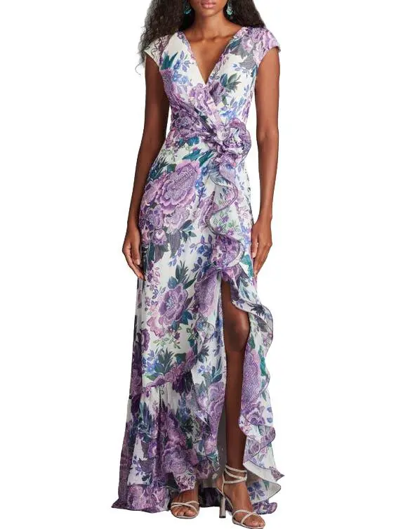 Tadashi Shoji Floral Ruffle Gown - White/purple Floral