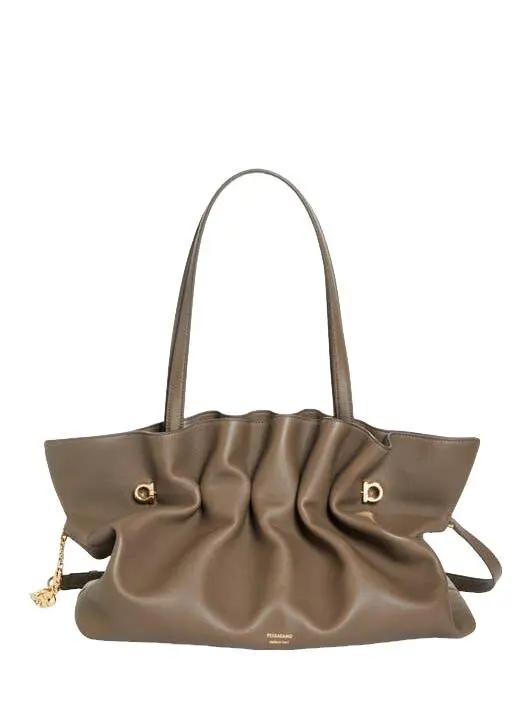FERRAGAMO Large Gancio Piercing Soft Leather Shoulder Bag - Concrete
