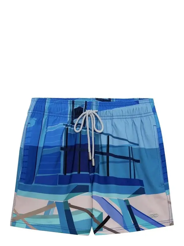 LE CLUB 4.25" Eco-friendly 4-way Stretch Swim Trunks - Blue Miami Beach Tower Design