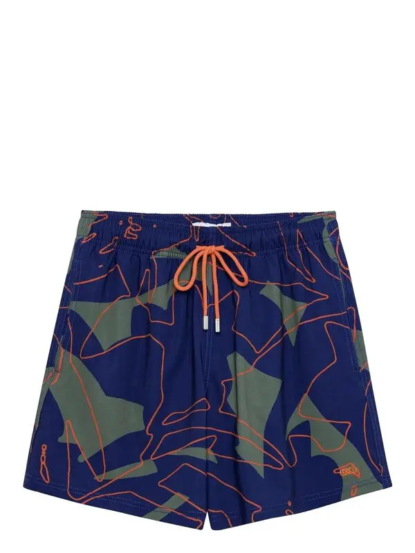 LE CLUB 4.25" Eco-friendly 4-way Stretch Swim Trunks - Blue W/ Orange Lines