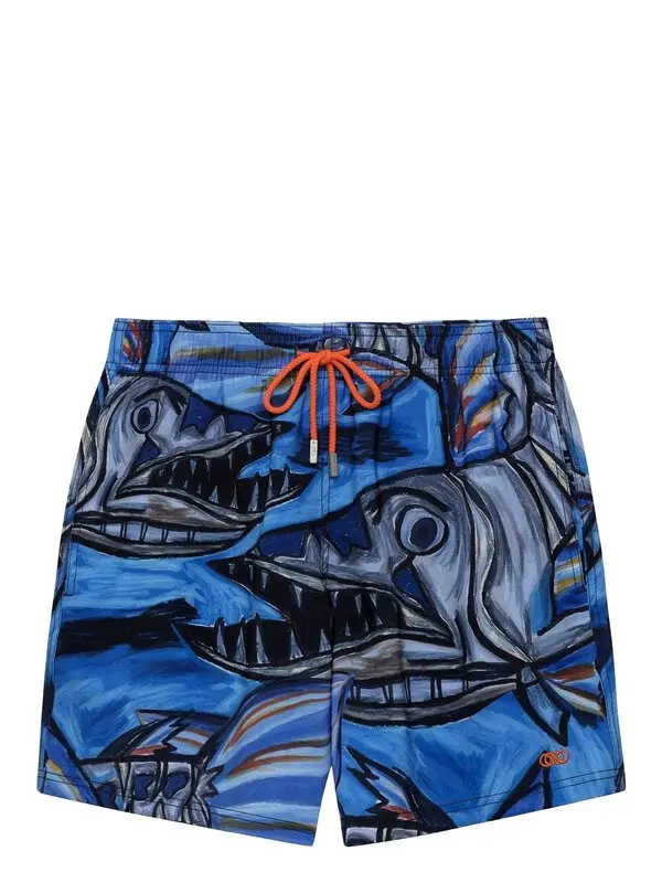 LE CLUB 4.25" Eco-friendly 4-way Stretch Swim Trunks - Blue With Gray Shark Print
