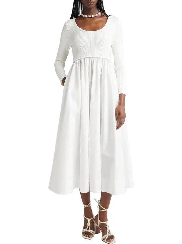 Zimmermann Scoop Neck Long Sleeve Jersey & Poplin Midi Dress - Ivory