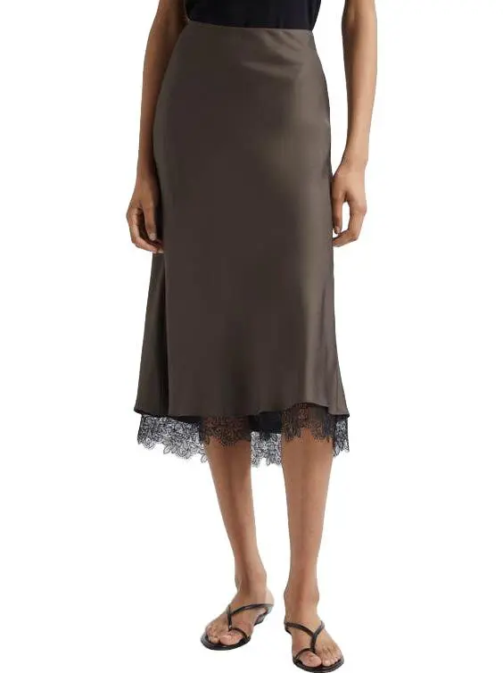 RÓHE Lace Trim Silk Midi Skirt - Earth