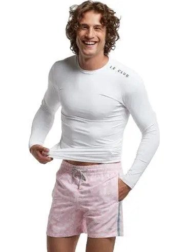 LE CLUB 4-way Stretch Swim Trunks - Pink With White Leaves