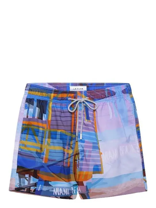LE CLUB 4-way Stretch Swim Trunks - Purple Miami Beach Tower Print