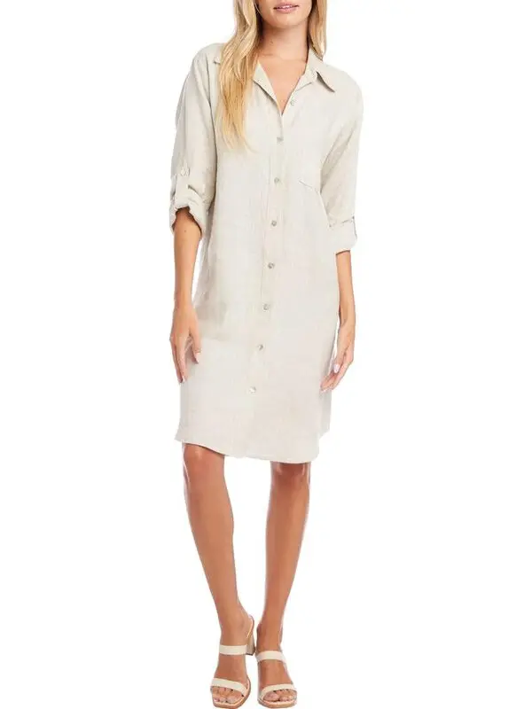 Karen Kane Long Sleeve Linen Shirt Dress - Oatmeal