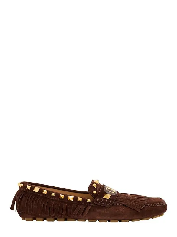 Valentino Garavani V-logo Rockstud Suede Fringe Loafers - Fondant