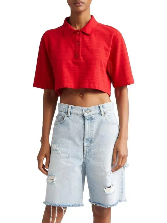 GOLDEN GOOSE Textured Stripe Logo Embroidered Crop Polo - Haute Red