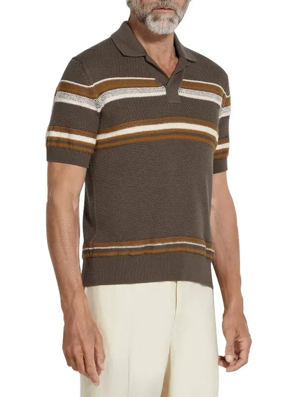 Zegna Stripe Cotton & Silk Polo Sweater - Dark Beige Stripe